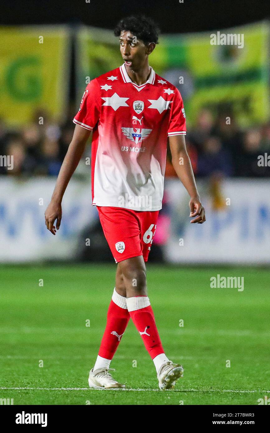Horsham, UK. 14th Nov, 2023. Barnsley midfielder Vimal Yoganathan (63 ...