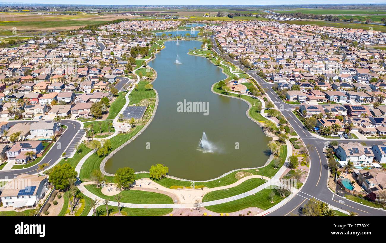Aerial images over a community with a lake in the center Stock Photo ...