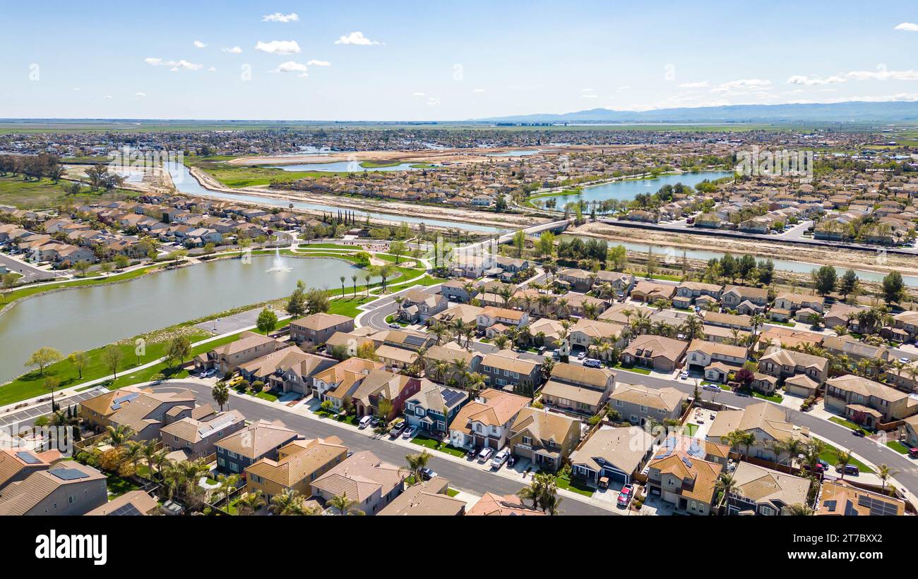 Aerial images over a community with a lake in the center Stock Photo ...