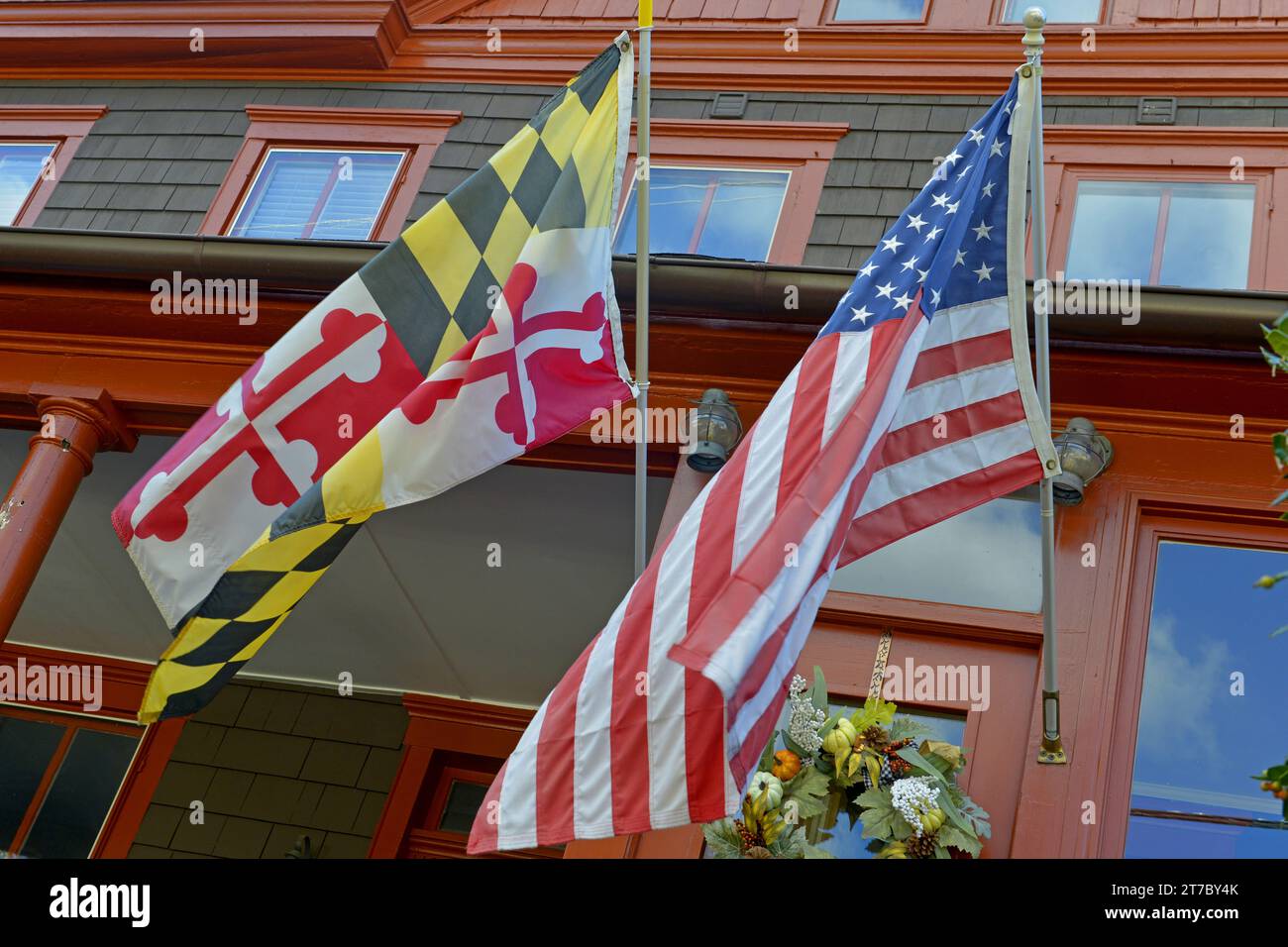 US Flag and Maryland State flag outside a store in Annapolis MD Stock ...