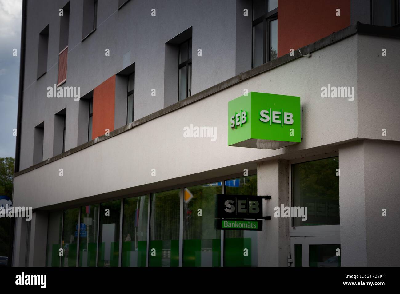 Picture of a sign with the logo of SEB on their office in Riga ...