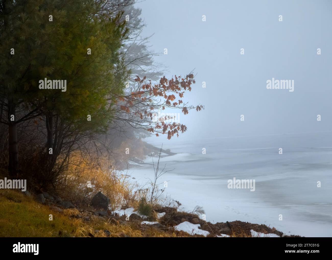Digital Oil Painting of misty foggy frozen ice & snow covered lake ...