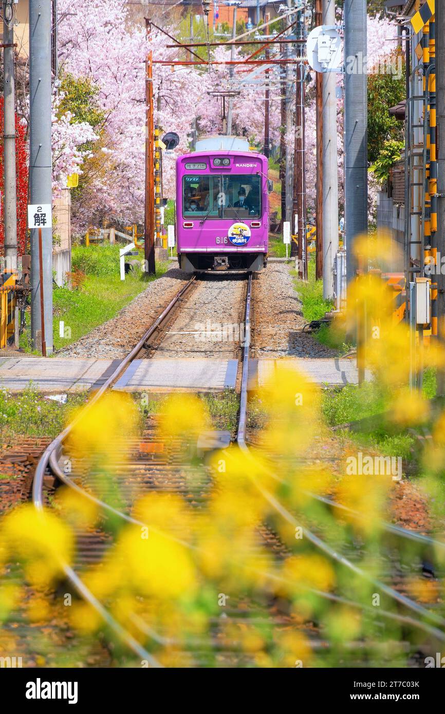 Kyoto, Japan - March 31 2023: Keifuku Tram is operated by Keifuku ...