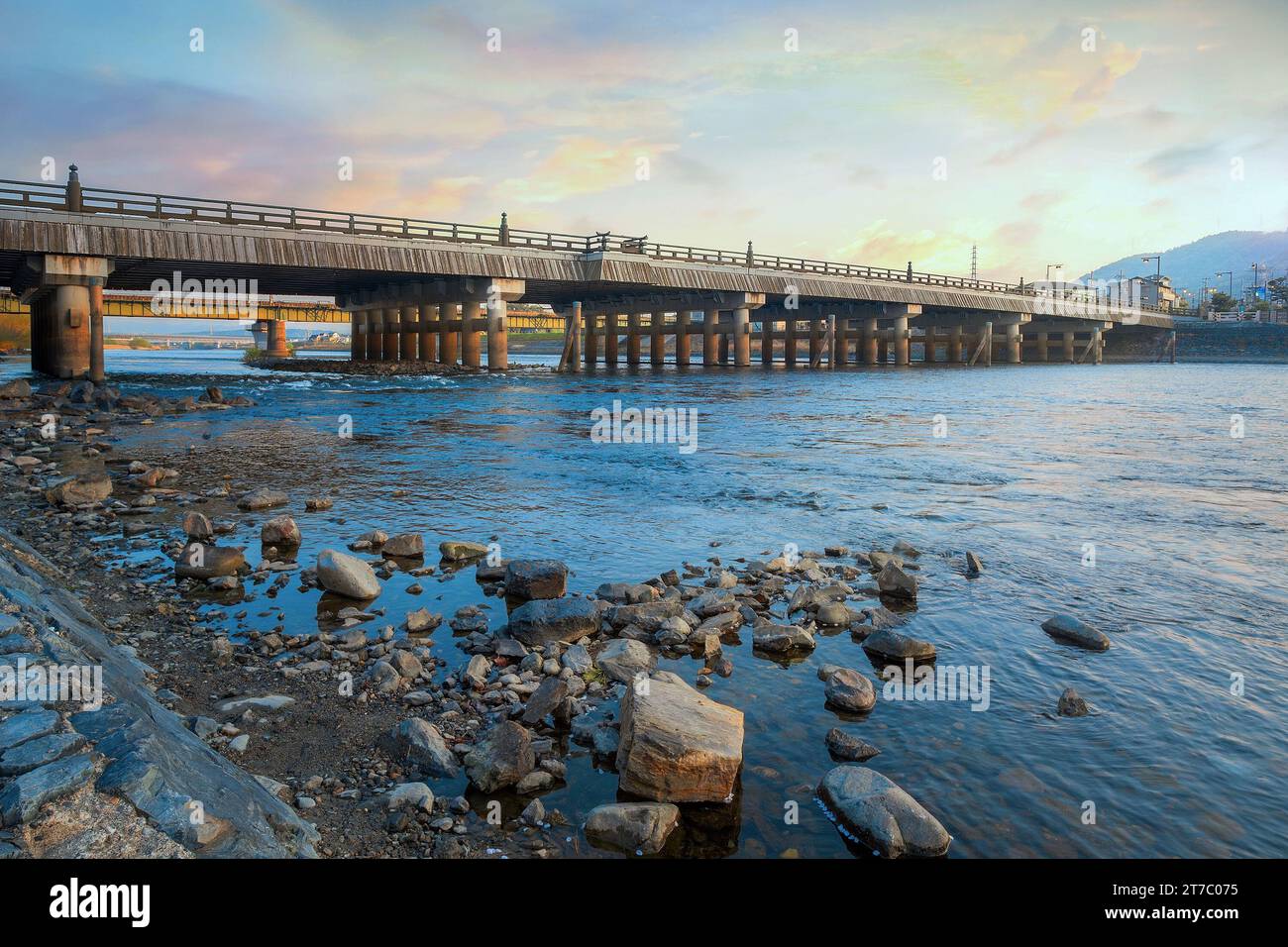 Kyoto, Japan - April 1 2023: Uji Bridge the crosses the Uji river was ...