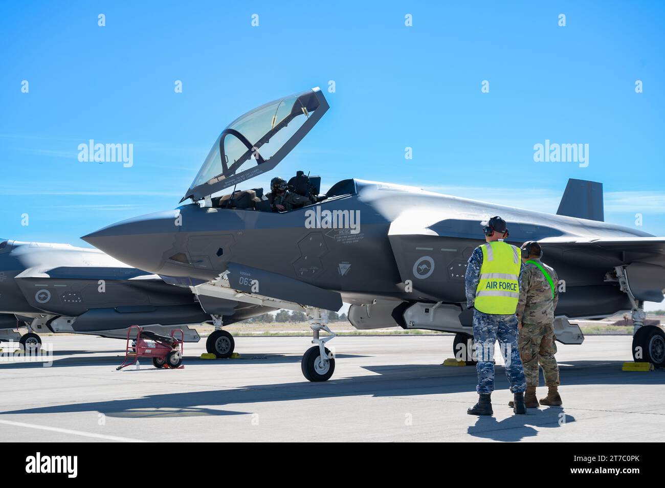 A Royal Australian Air Force (RAAF) pilot conducts a preflight check ...