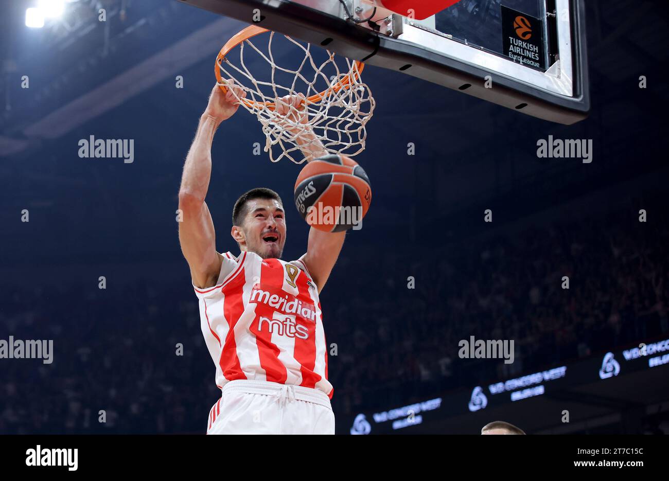 Belgrade, Serbia. 14th Nov, 2023. Crvena Zvezda's Luka Mitrovic dunks ...