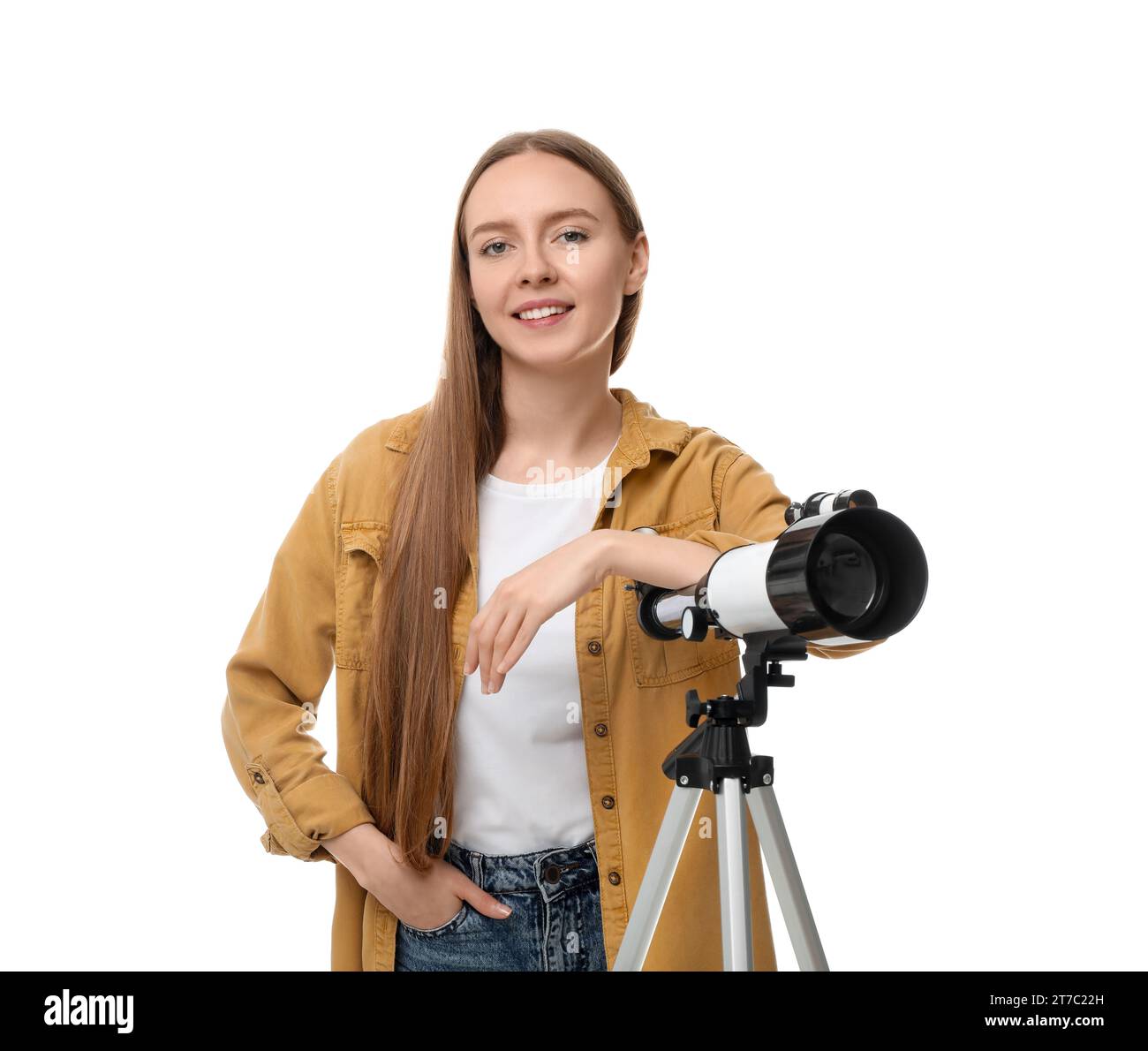 Happy astronomer with telescope on white background Stock Photo - Alamy