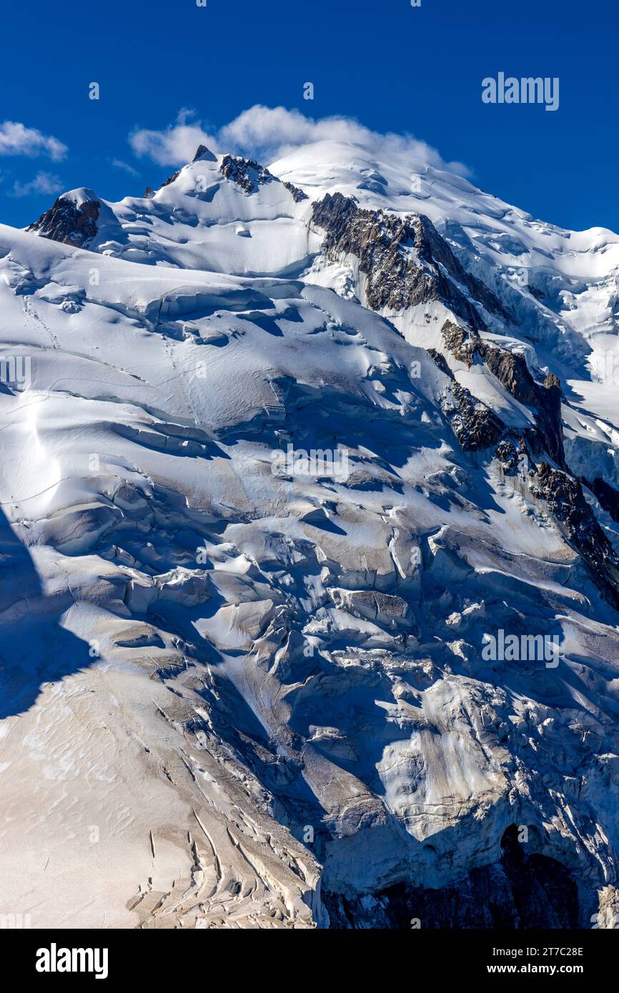 Montblanc snow summit with snow and glacier, scenic view of Mont Blanc du Tacul from Aiguille du ...