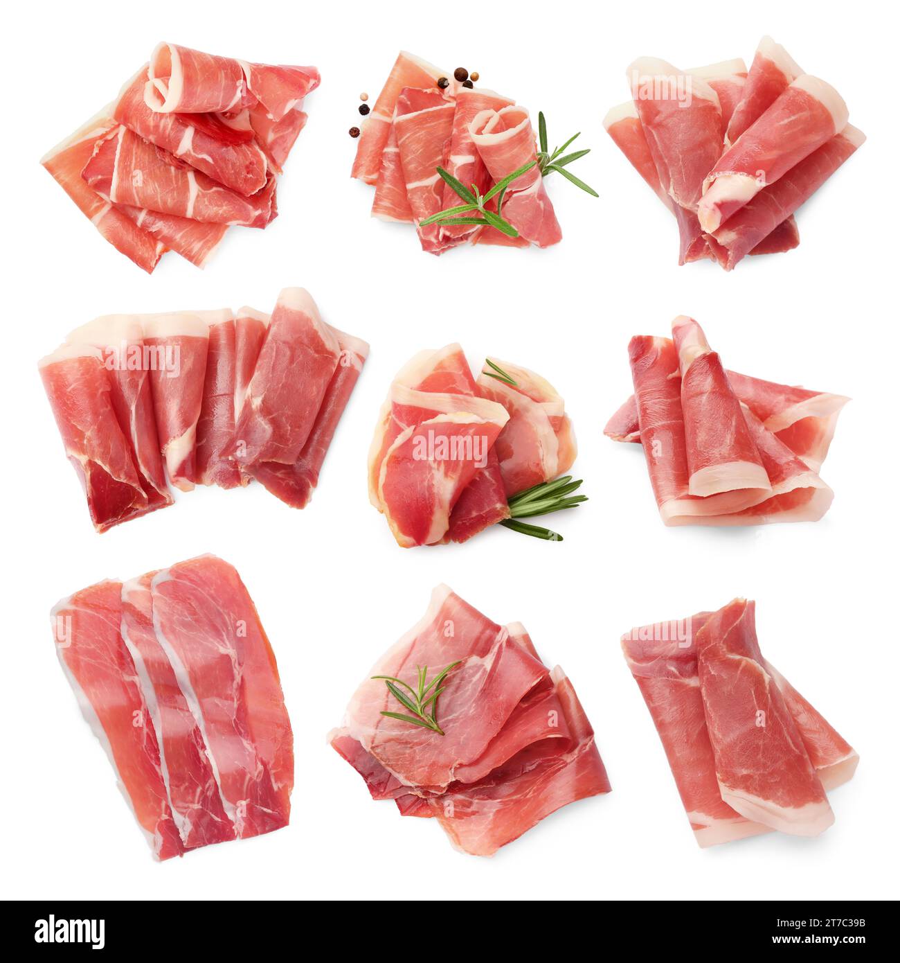 Delicious sliced jamon isolated on white, set Stock Photo - Alamy