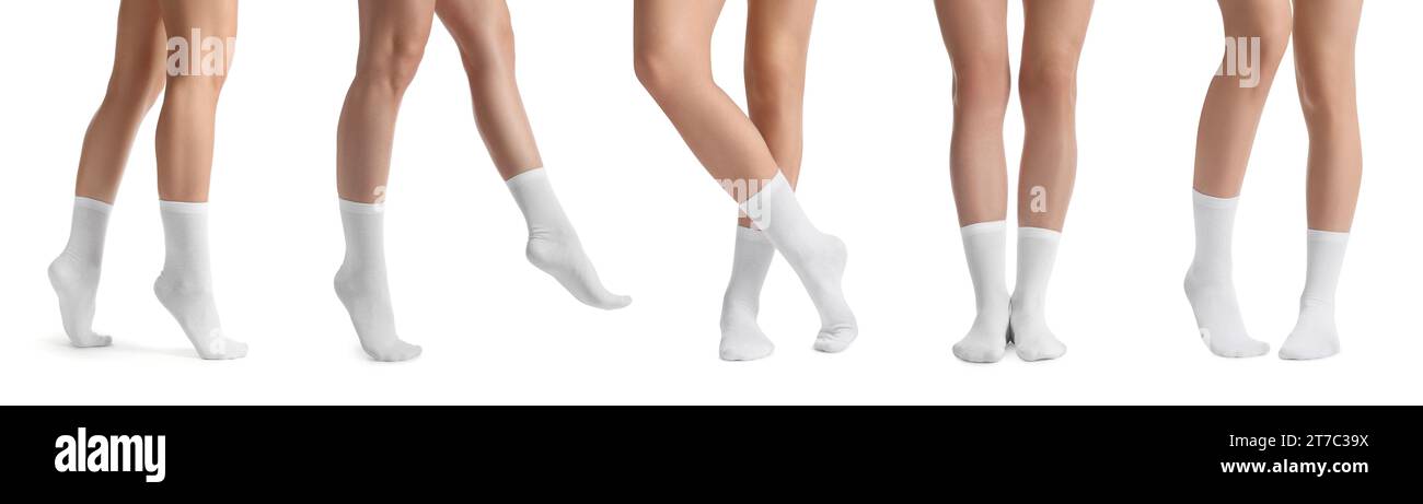 Women in stylish socks on white background, collection of photos Stock ...