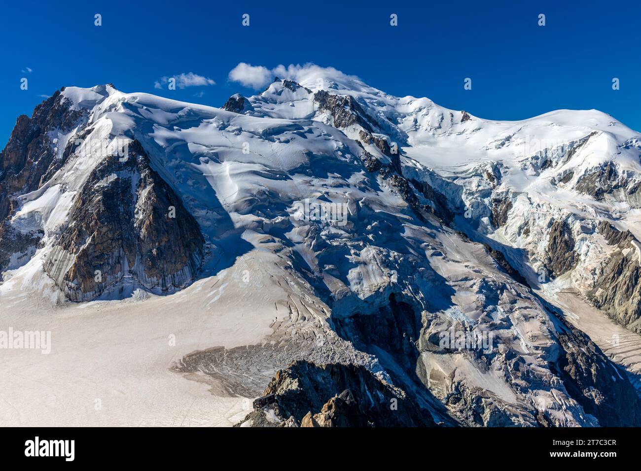 Montblanc snow summit with snow and glacier, scenic view of Mont Blanc du Tacul from Aiguille du ...