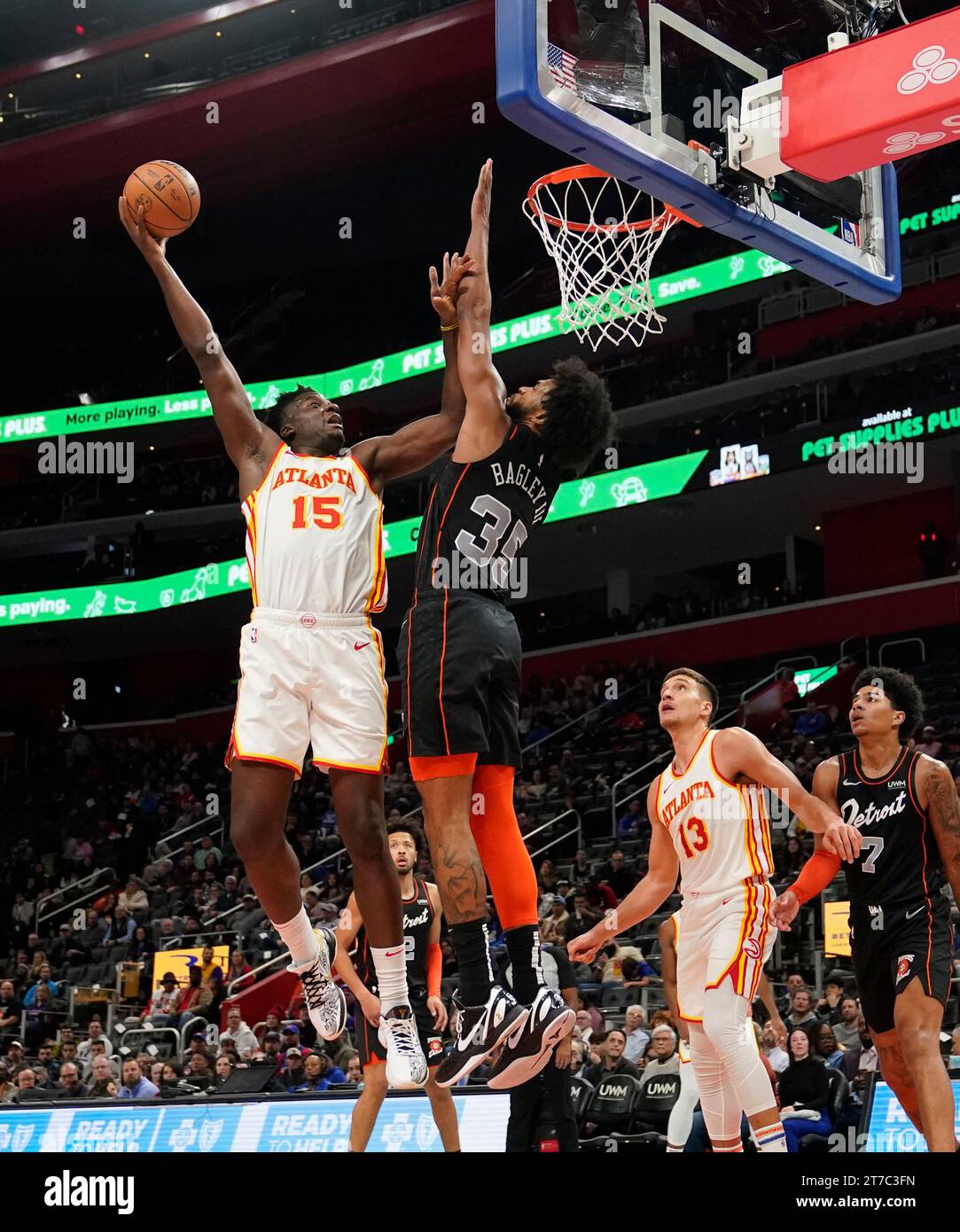 Atlanta Hawks center Clint Capela (15) shoots over the defense of Detroit Pistons forward Marvin ...
