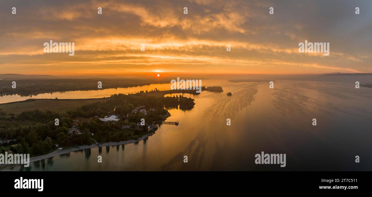Aerial panorama of western Lake Constance at sunrise with the Mettnau ...