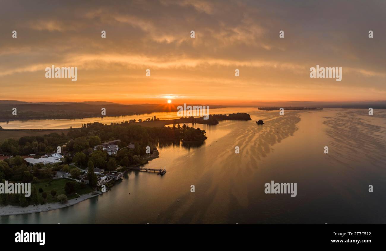 Aerial panorama of western Lake Constance at sunrise with the Mettnau ...