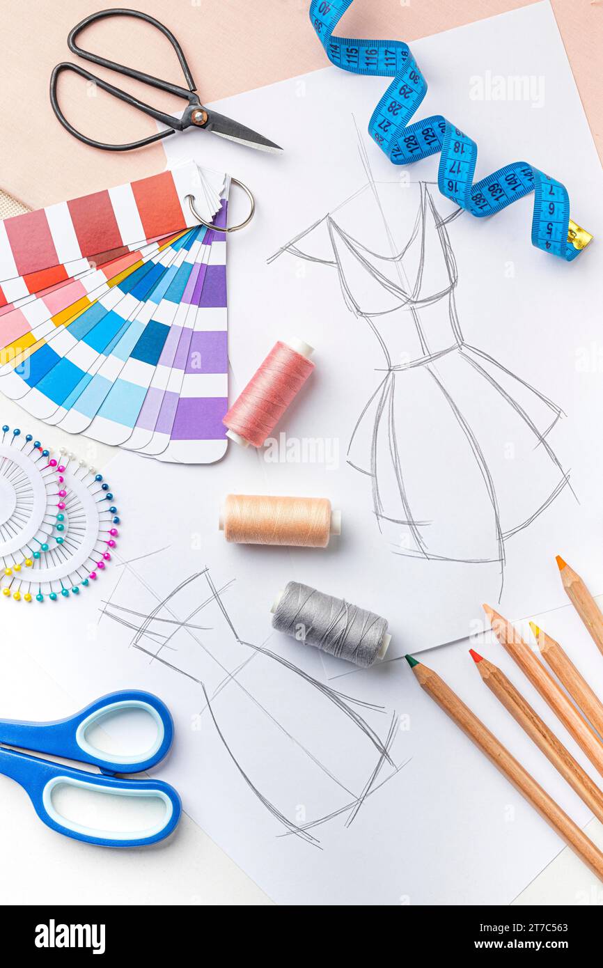 Top view tailoring set with fabric samples Stock Photo - Alamy