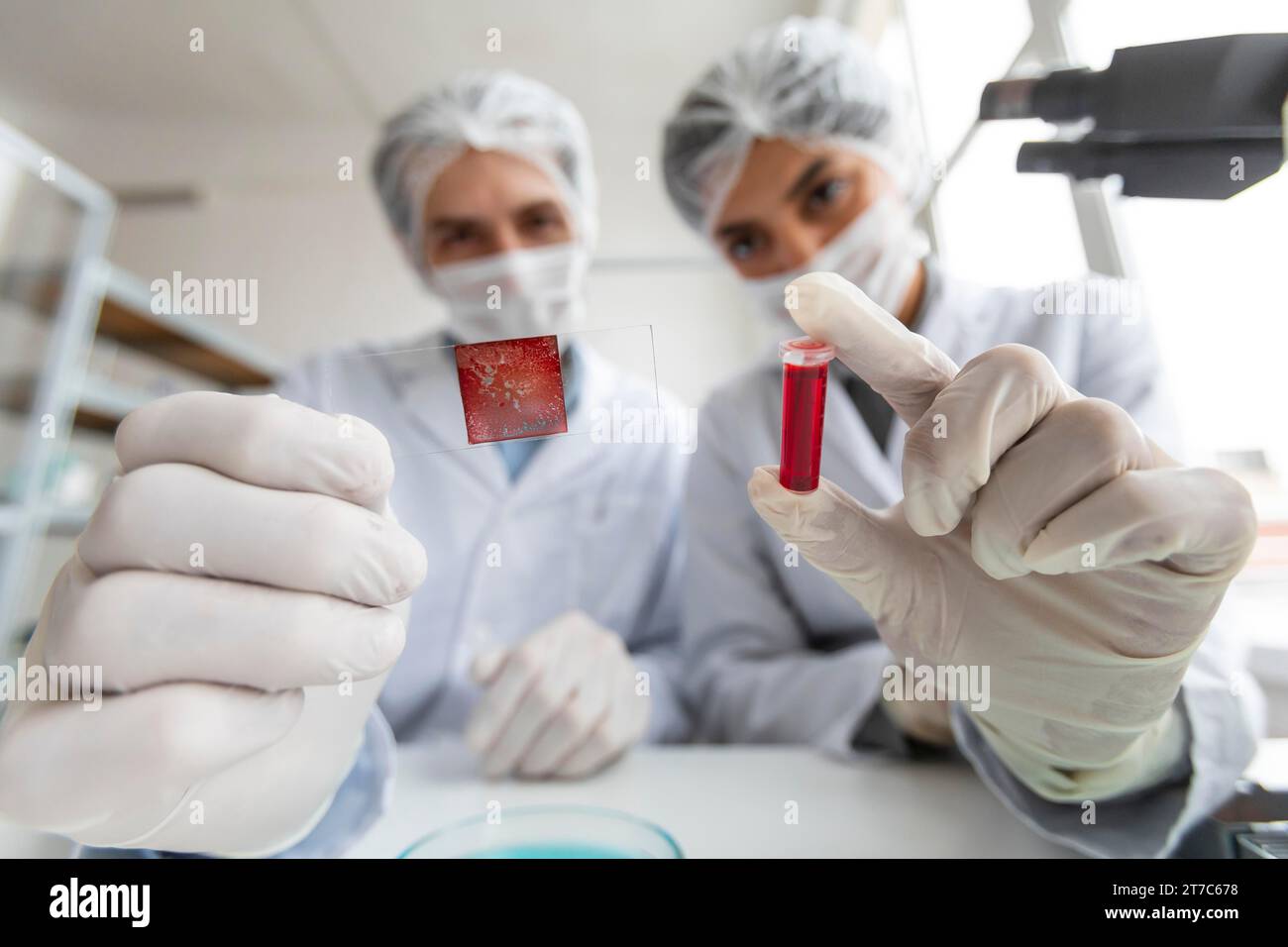 Close up scientists with tube glass slide Stock Photo - Alamy
