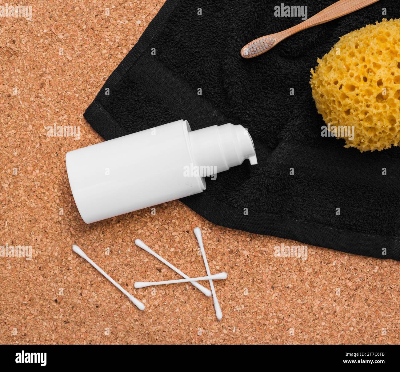 Elevated view bath sponge toothbrush towel cosmetic bottle cotton swab ...
