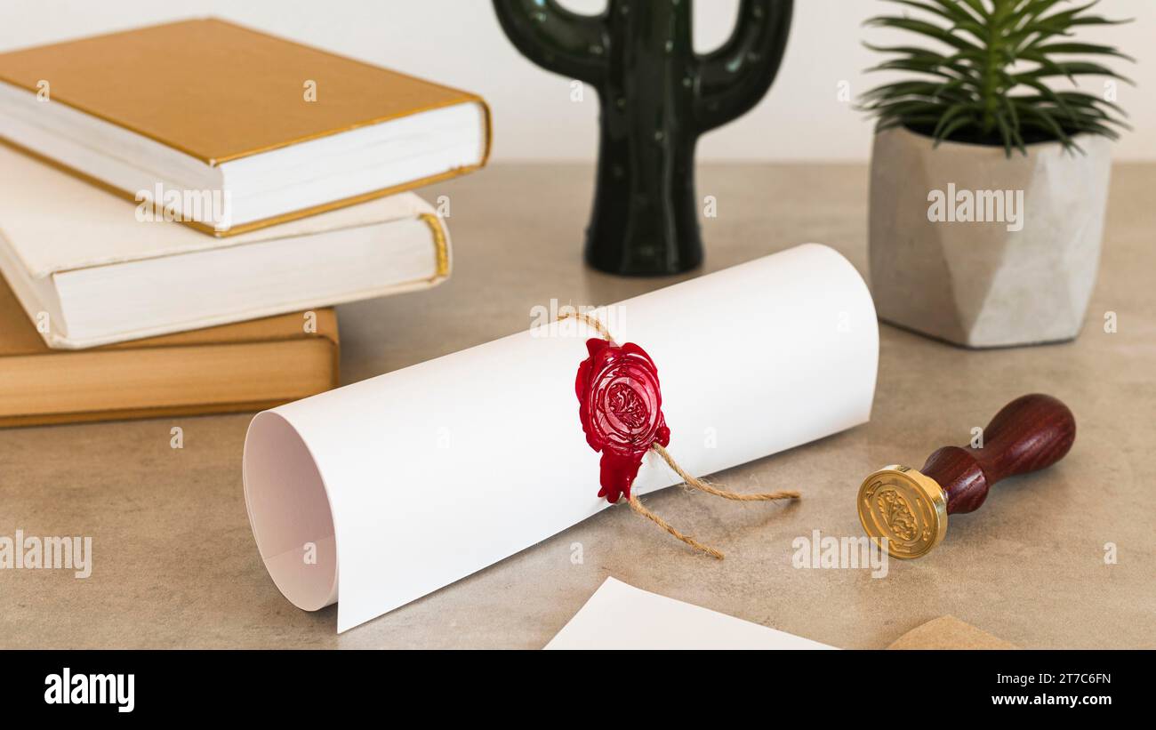 Education diploma certificate desk objects Stock Photo - Alamy