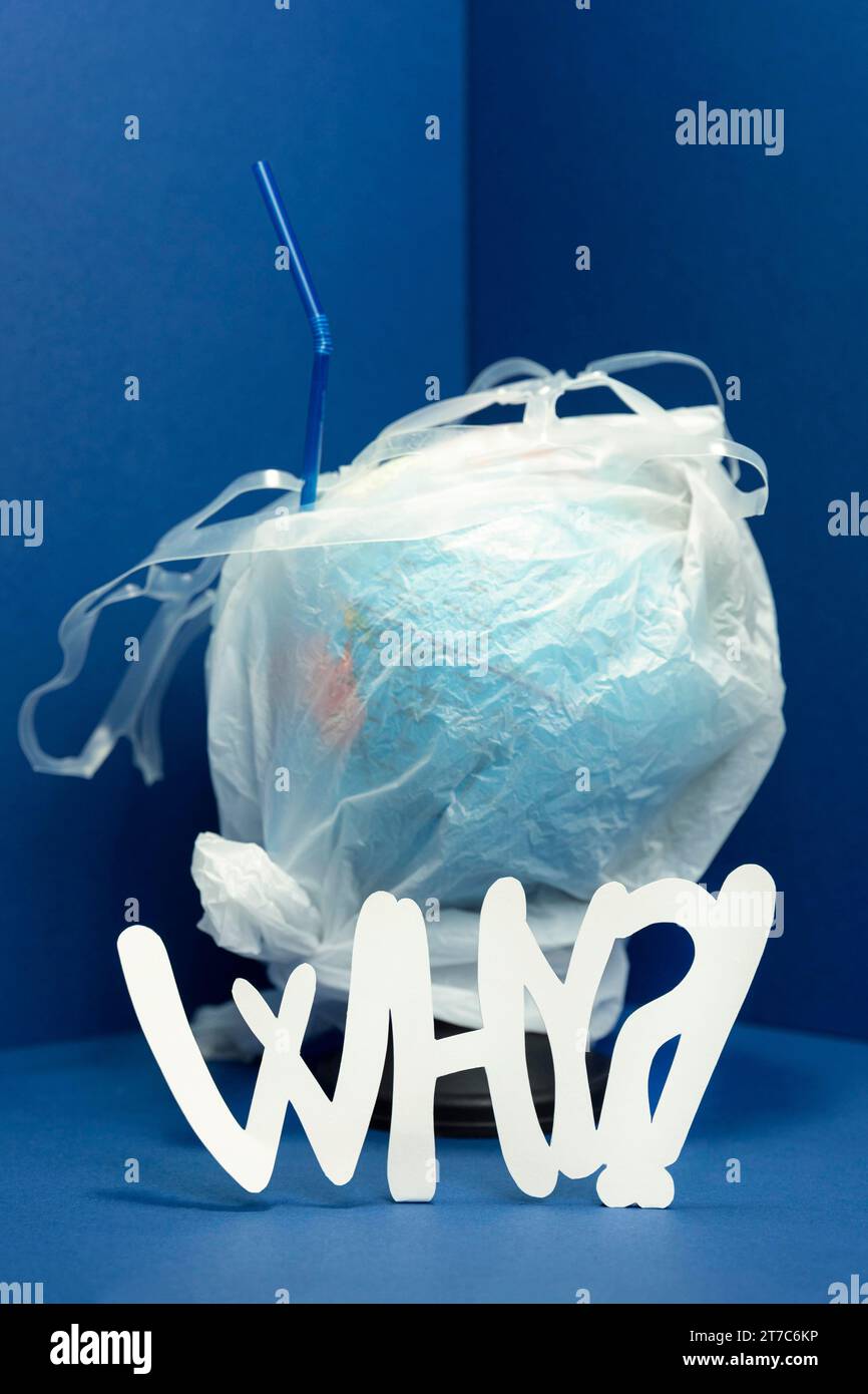 Front view earth globe covered plastic with why Stock Photo - Alamy