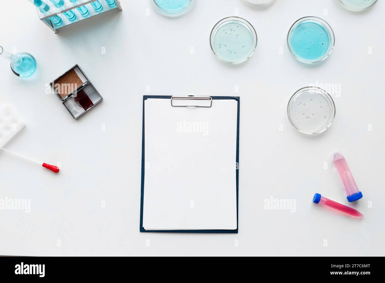 Flat lay lab equipment clipboard Stock Photo - Alamy