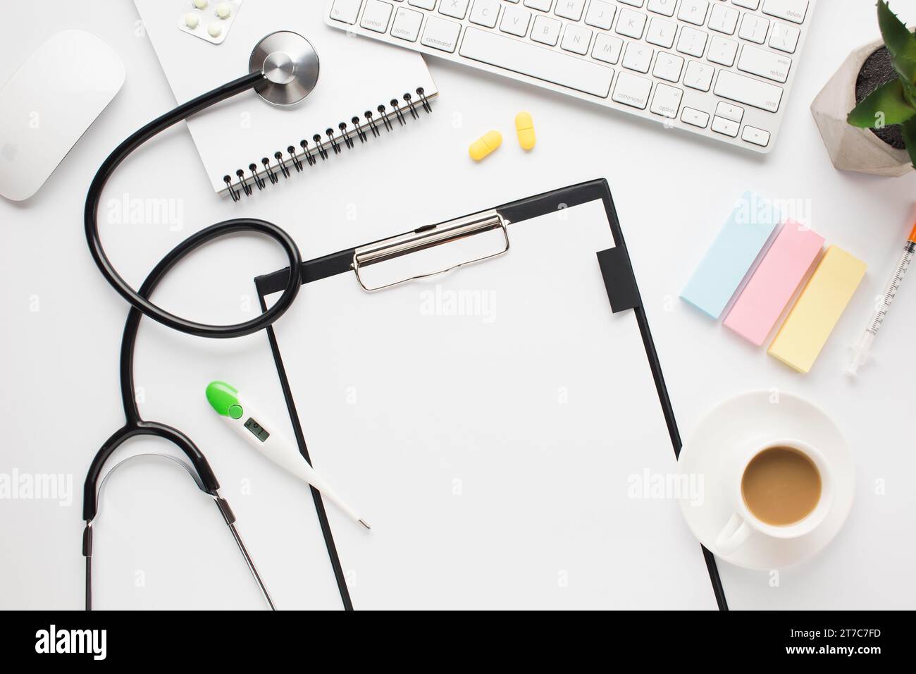 Overhead view medical desk with coffee cup adhesive notes table Stock ...