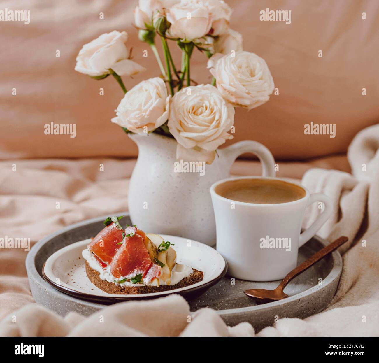 Morning coffee tray with grapefruit sandwich Stock Photo - Alamy
