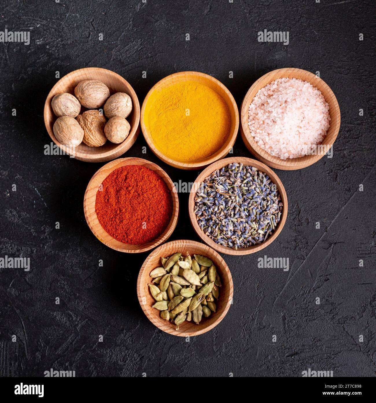 Top view bowls with assortment spices salt Stock Photo - Alamy