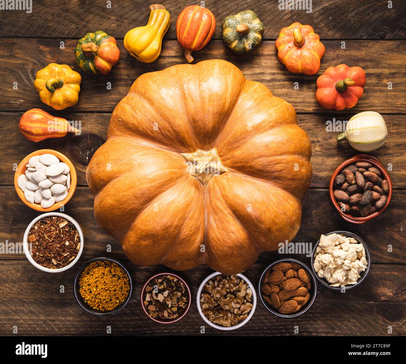 Top view circular food arrangement with big pumpkin Stock Photo - Alamy