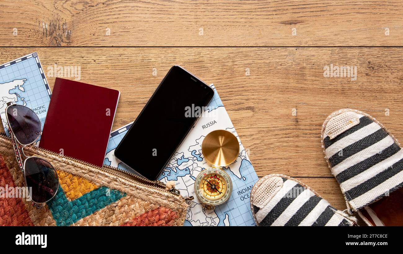 Top view tourism elements assortment Stock Photo - Alamy