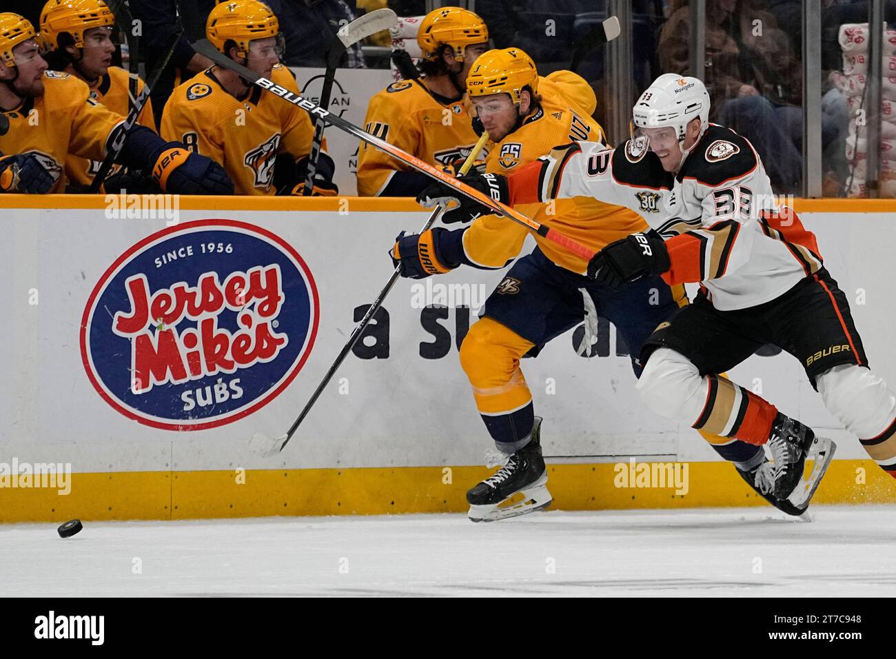 Nashville Predators defenseman Jeremy Lauzon, left, and Anaheim Ducks ...