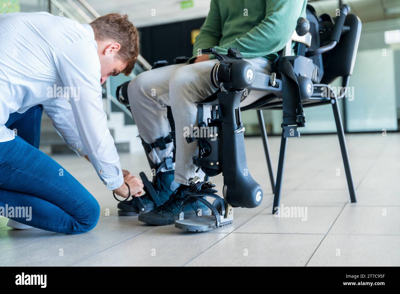 Mechanical exoskeleton. Physiotherapy in a modern hospital ...