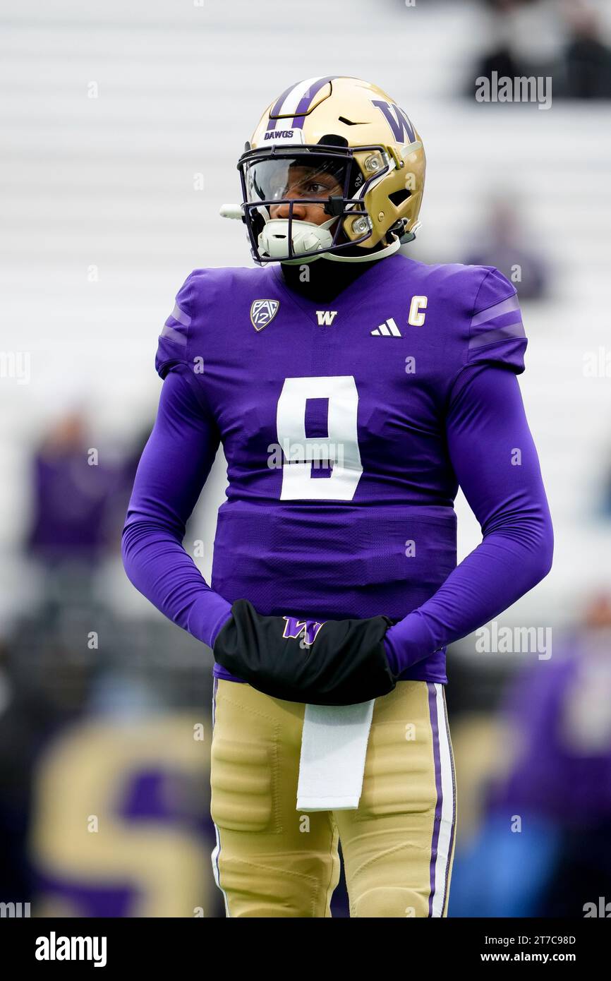Washington quarterback Michael Penix Jr. warms up before an NCAA college football game against ...