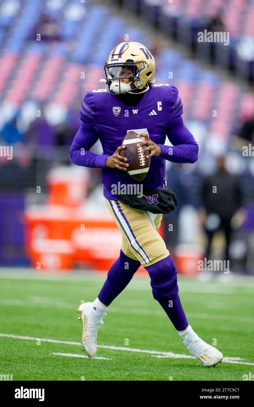 Washington quarterback Michael Penix Jr. warms up before an NCAA college football game against ...