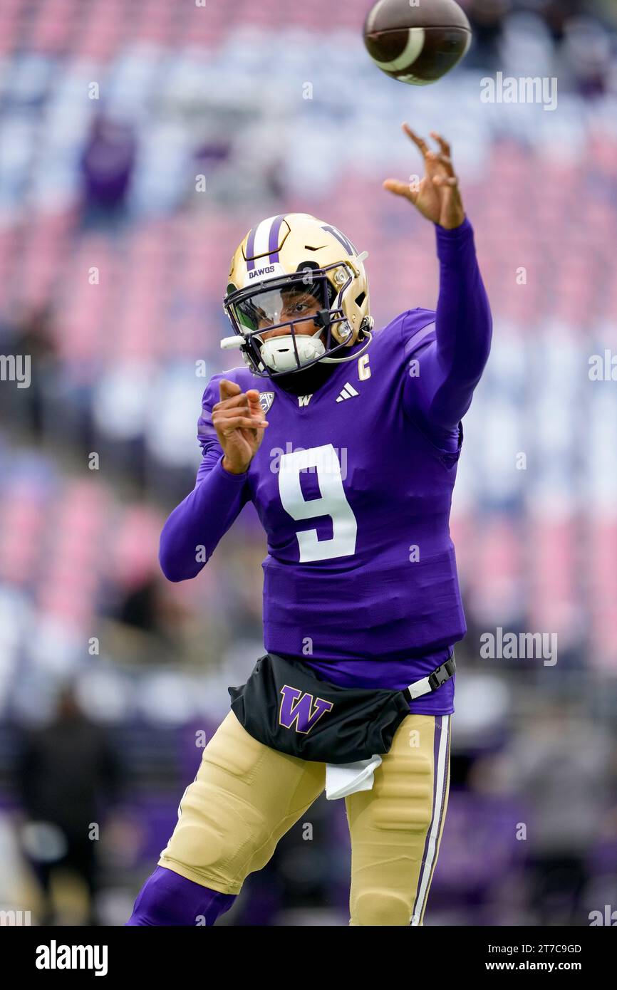 Washington quarterback Michael Penix Jr. warms up before an NCAA college football game against ...