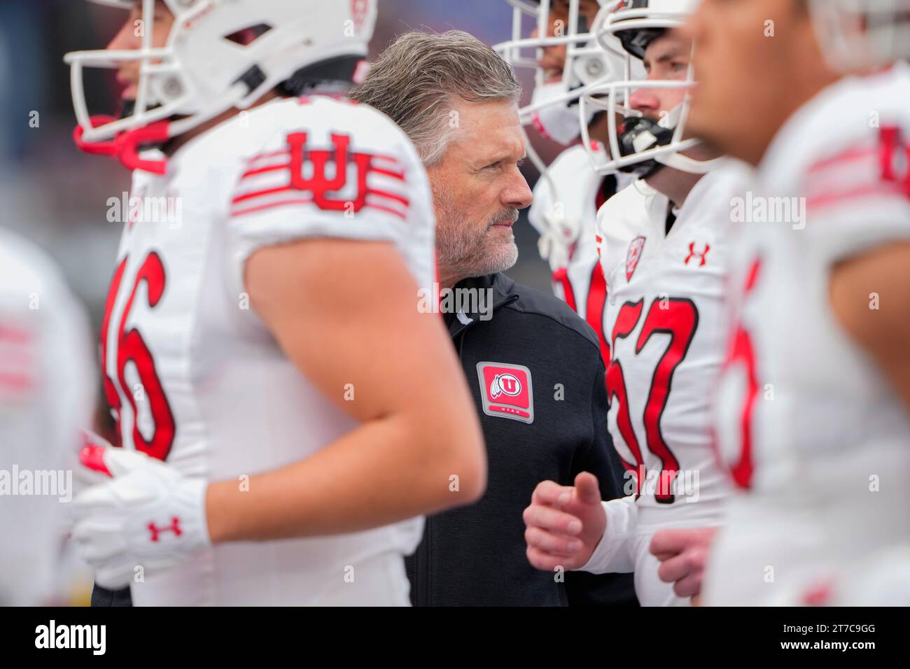Utah head coach Kyle Whittingham looks on as players leave the field ...