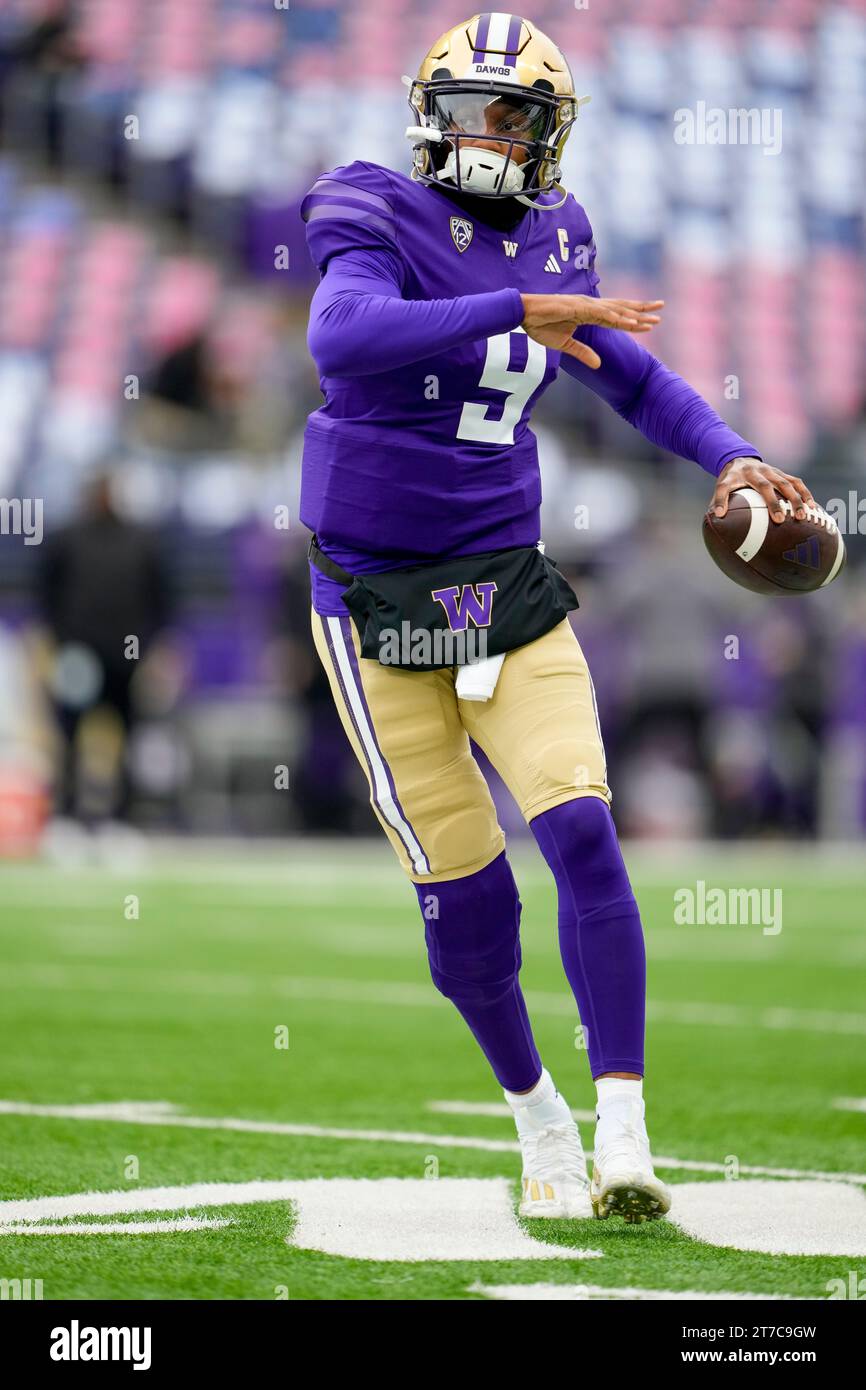 Washington quarterback Michael Penix Jr. warms up before an NCAA college football game against ...