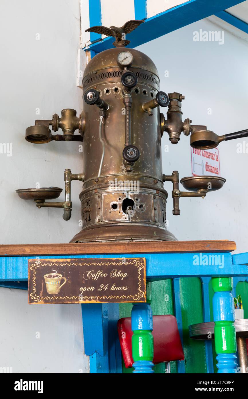 Historic espresso machine in a Paisa-style restaurant, Salento, Quindio ...
