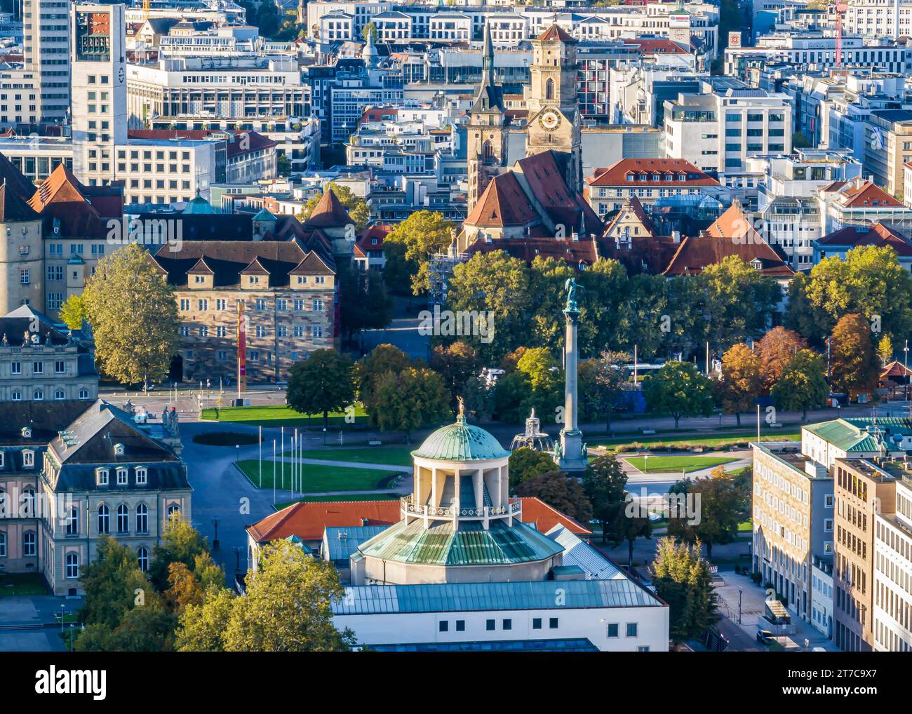 City view of Stuttgart, city centre with Schlossplatz and the towers of ...