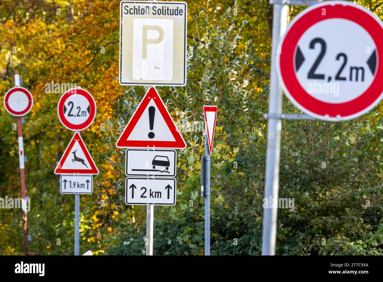 Signpost forest, country road with many traffic signs, Stuttgart, Baden ...