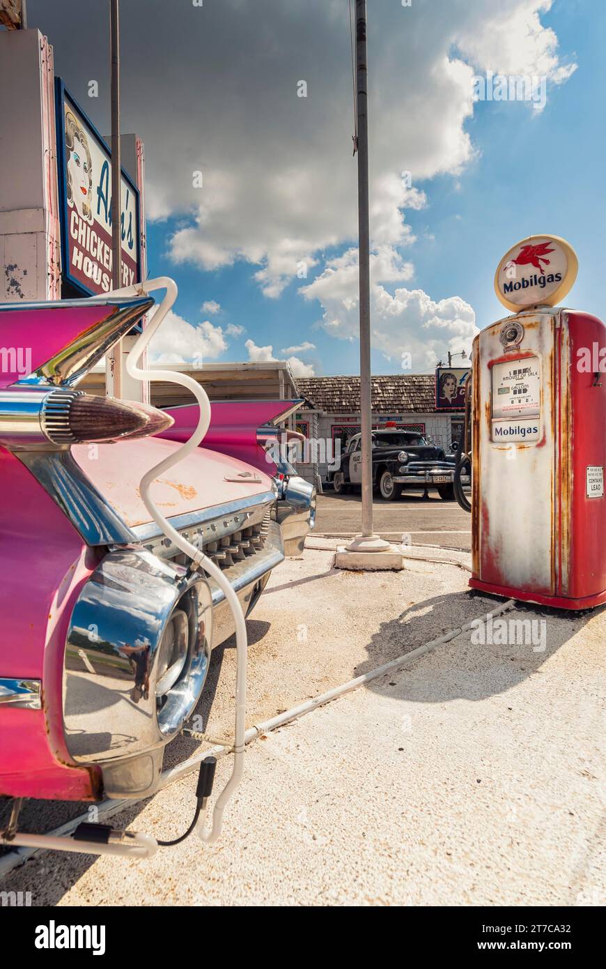 Old road cruiser, car, Cadillac, pink, petrol station, old, historic ...