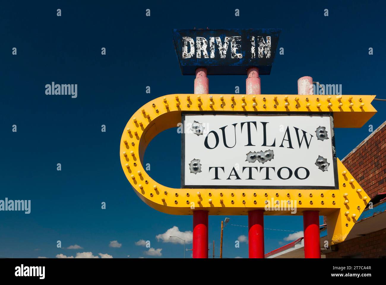 Tattoo studio, drive in, old street lamp, street, blue sky, historical ...