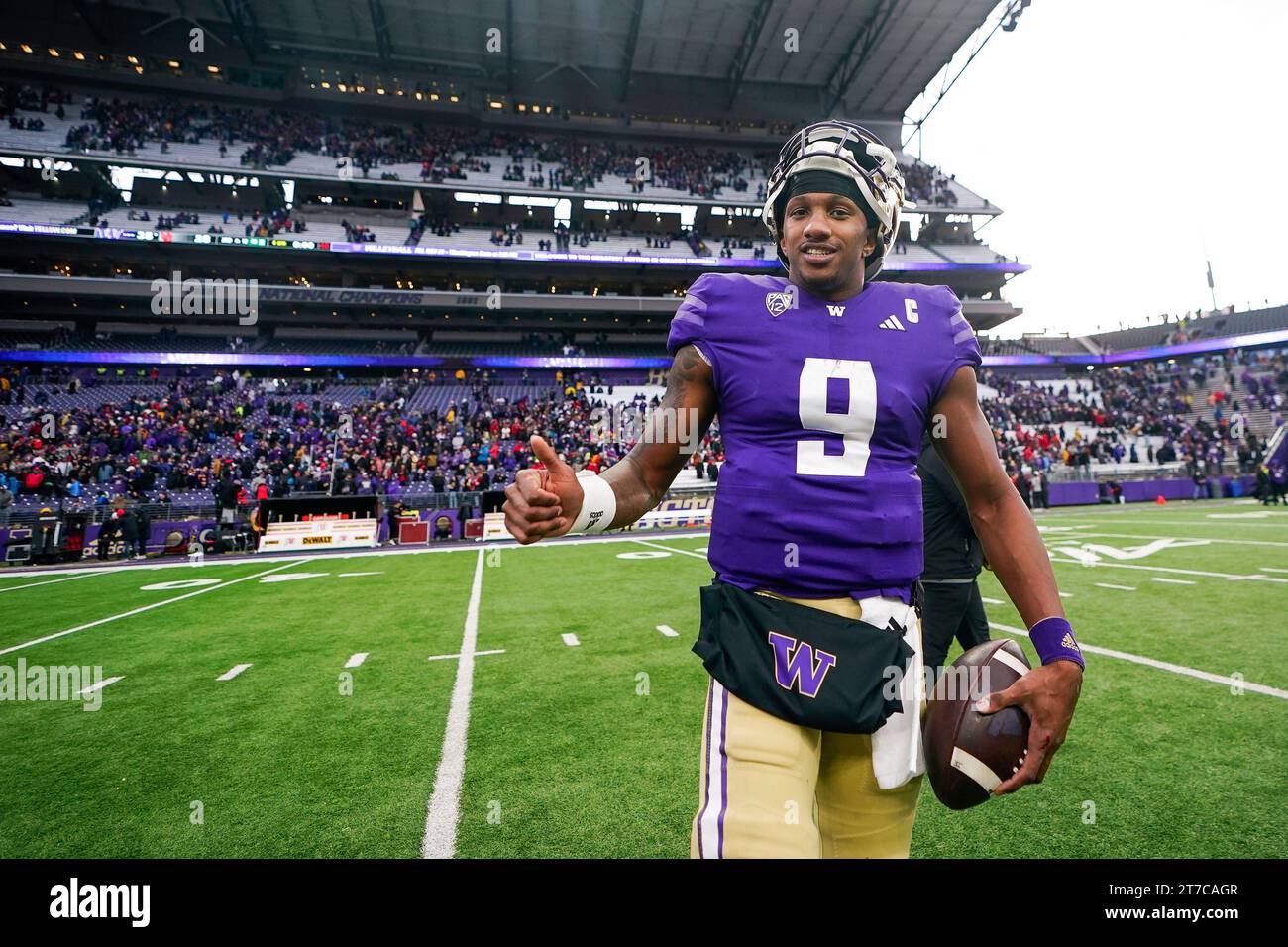 Washington quarterback Michael Penix Jr. gives a thumbs-up after a 35-28 win over Utah in an ...
