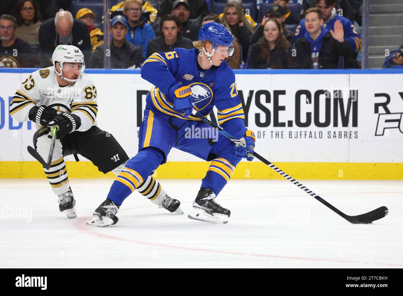 Buffalo Sabres defenseman Rasmus Dahlin (26) is pressured by Boston ...