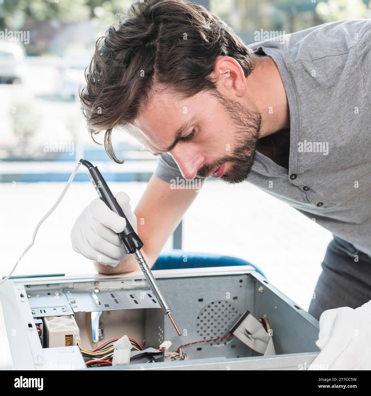 Side view male technician repairing computer cpu workshop Stock Photo ...