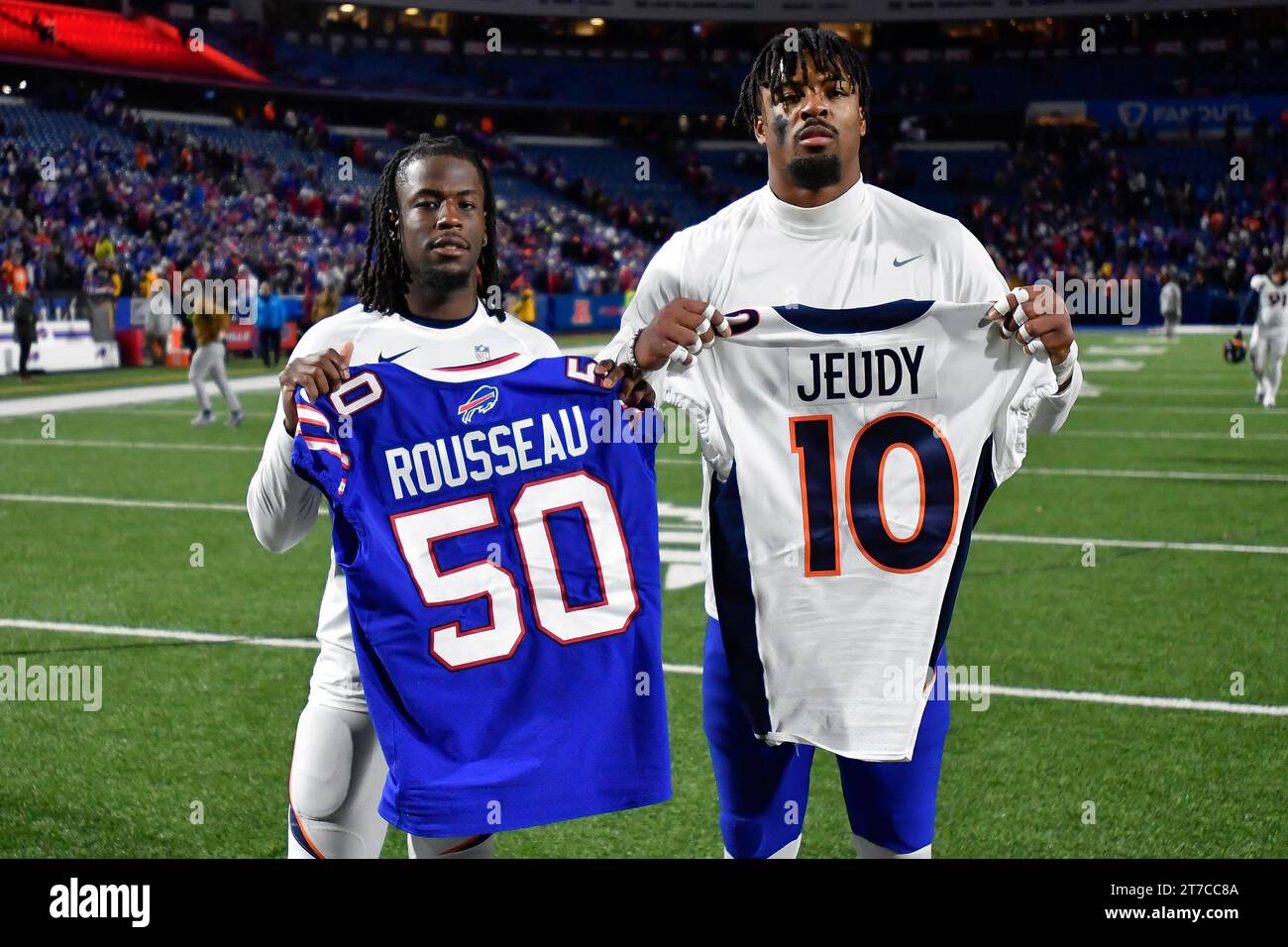 Denver Broncos wide receiver Jerry Jeudy, left, and Buffalo Bills ...