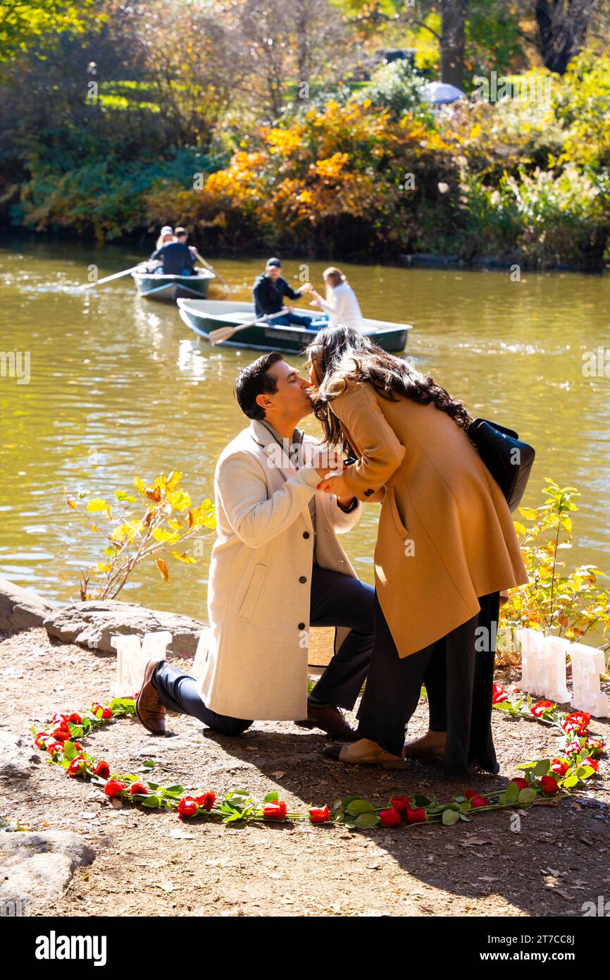 A young man proposes marriage to his girlfriend in Central Park NYC at ...