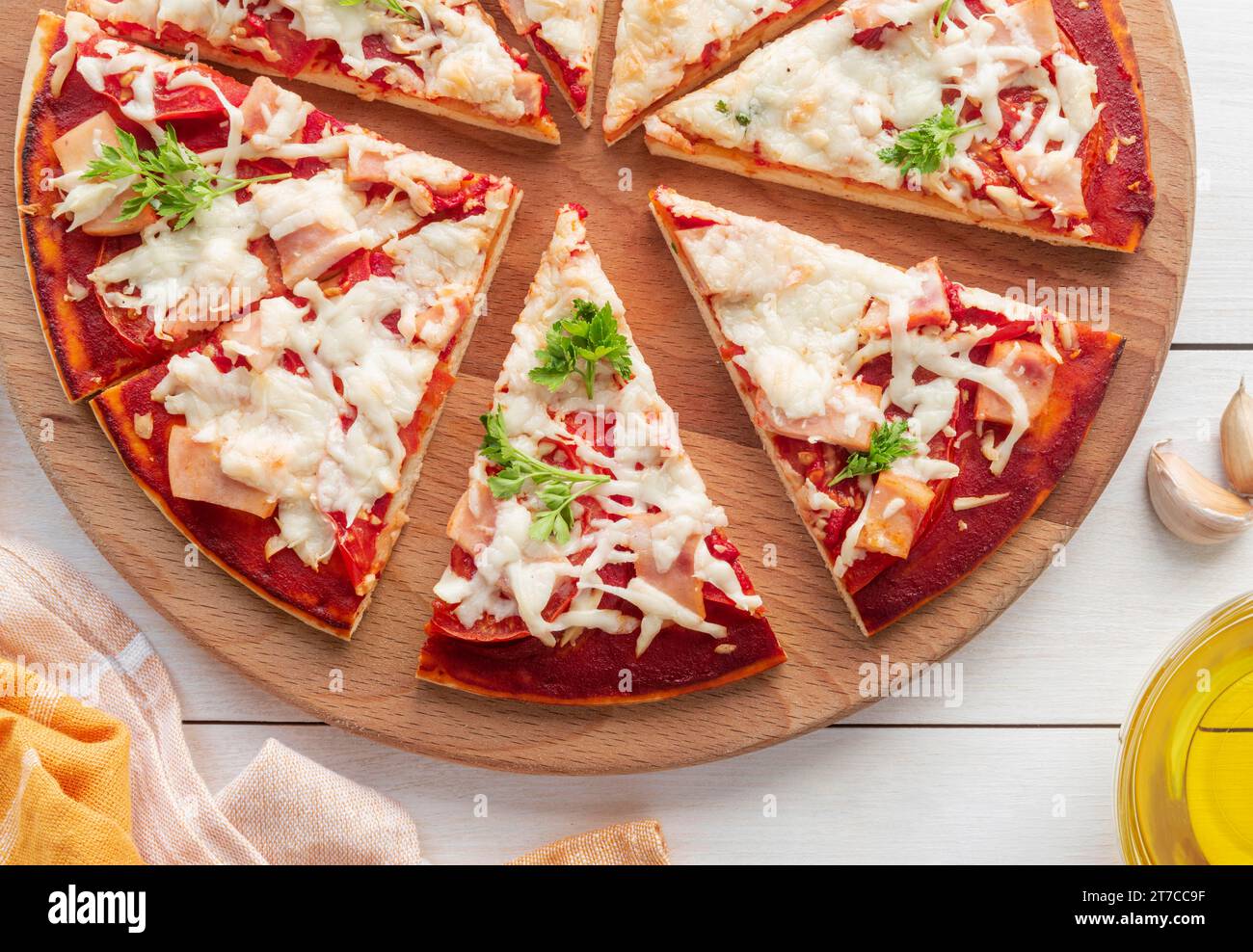 Tasty traditional pizza composition 5 Stock Photo - Alamy