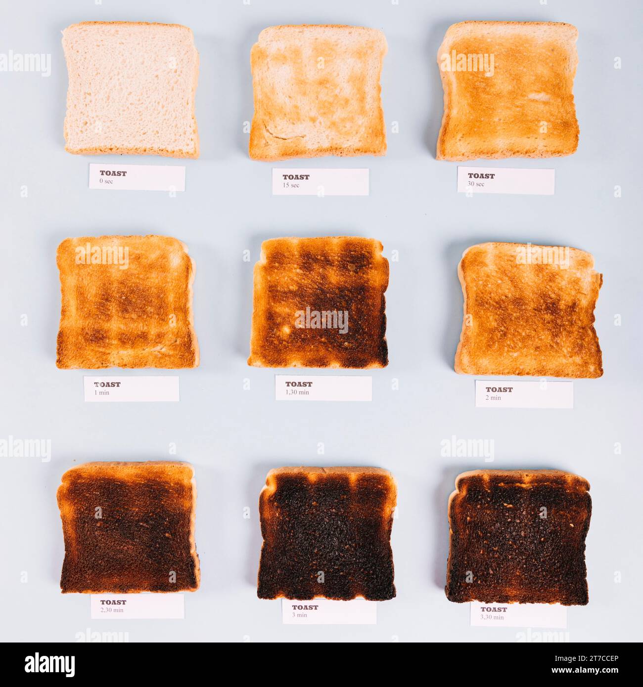 Top view bread slices varying stages toasting white background Stock ...