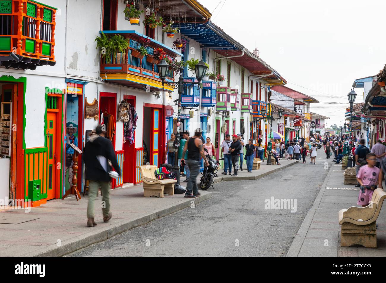 Historic Paisa style houses, street, Salento, Quindio, Colombia Stock ...