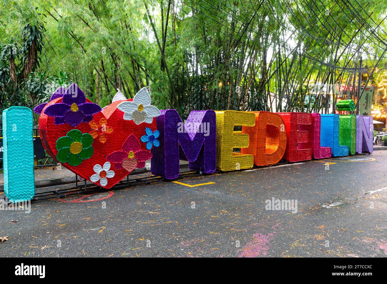 Medellin lettering in neon colours, Medellin, Colombia Stock Photo - Alamy